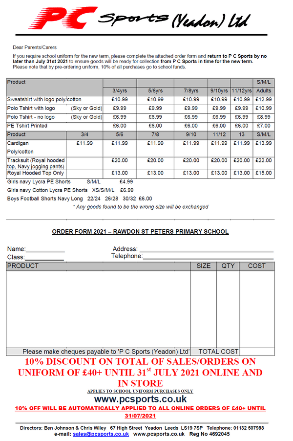 Rawdon St Peters Price List - PC Sports